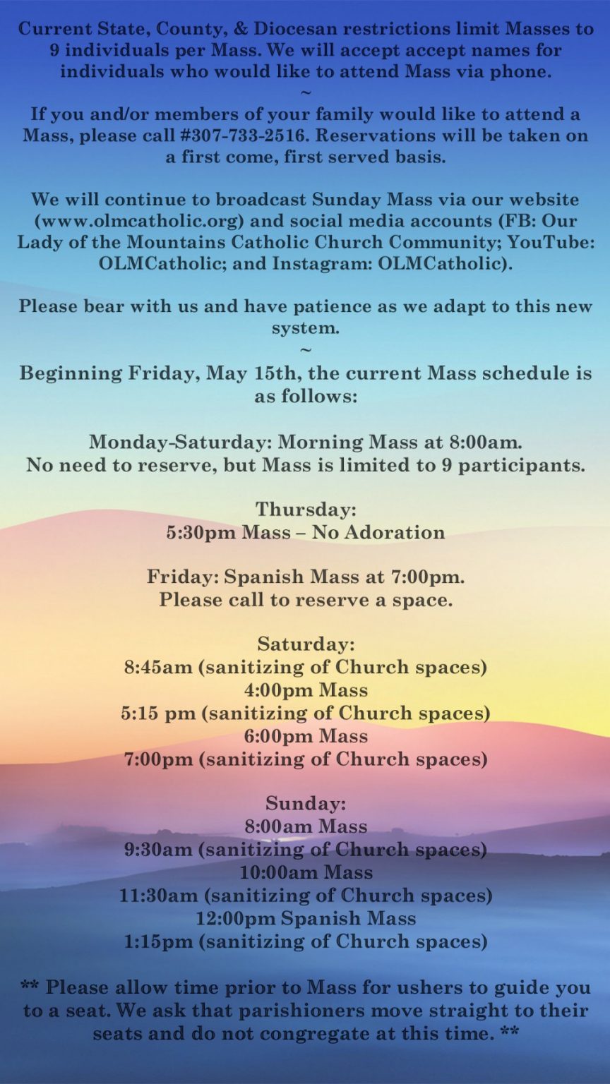 Mass Schedule/Horario de Misas - Our Lady of the Mountains
